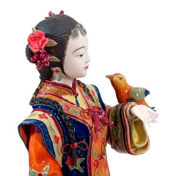 Handmade | Art | Vintage Chinese Wucai Shiwan Clay Pottery Woman Bird ...